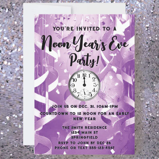 Elegant Purple Noon Year's Eve Party Invitation | Zazzle