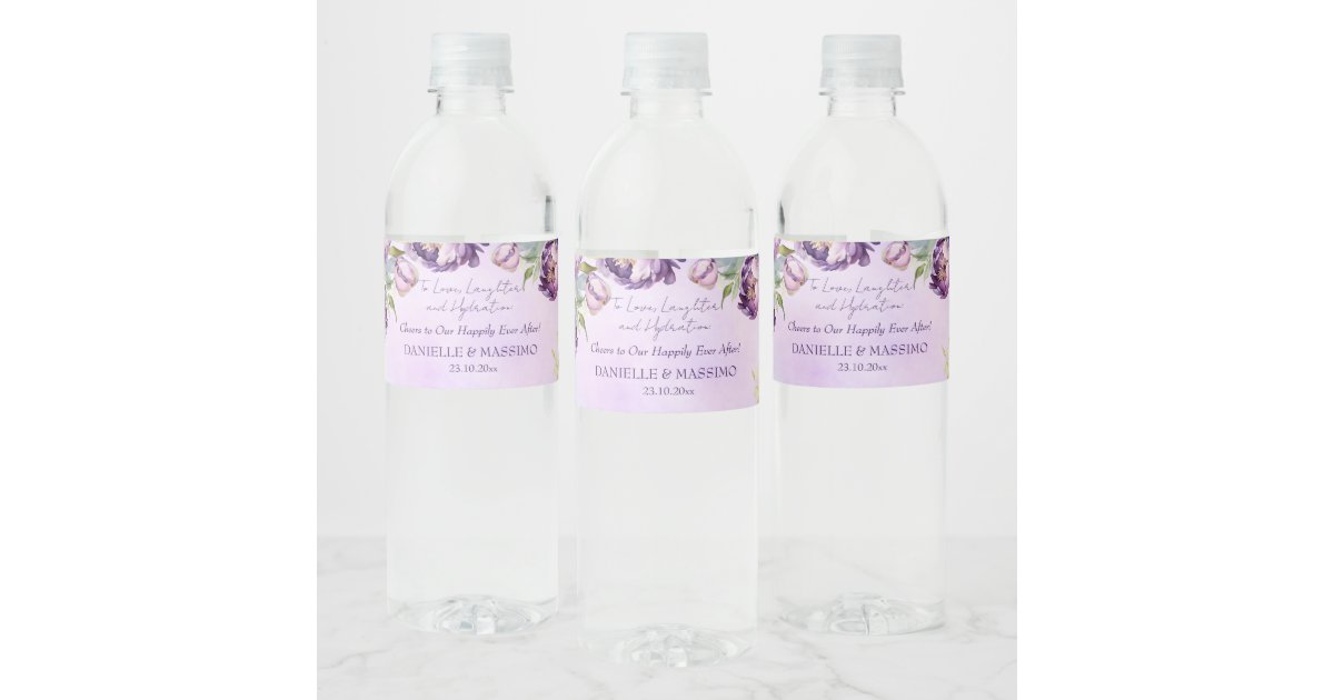 Elegant purple peonies lilac wisteria wedding water bottle label | Zazzle