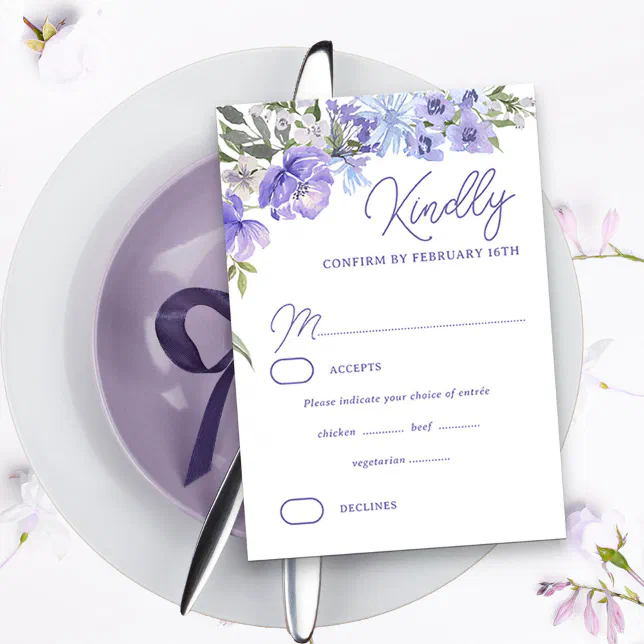 Elegant Purple Peri Floral Entree Selection RSVP Card | Zazzle