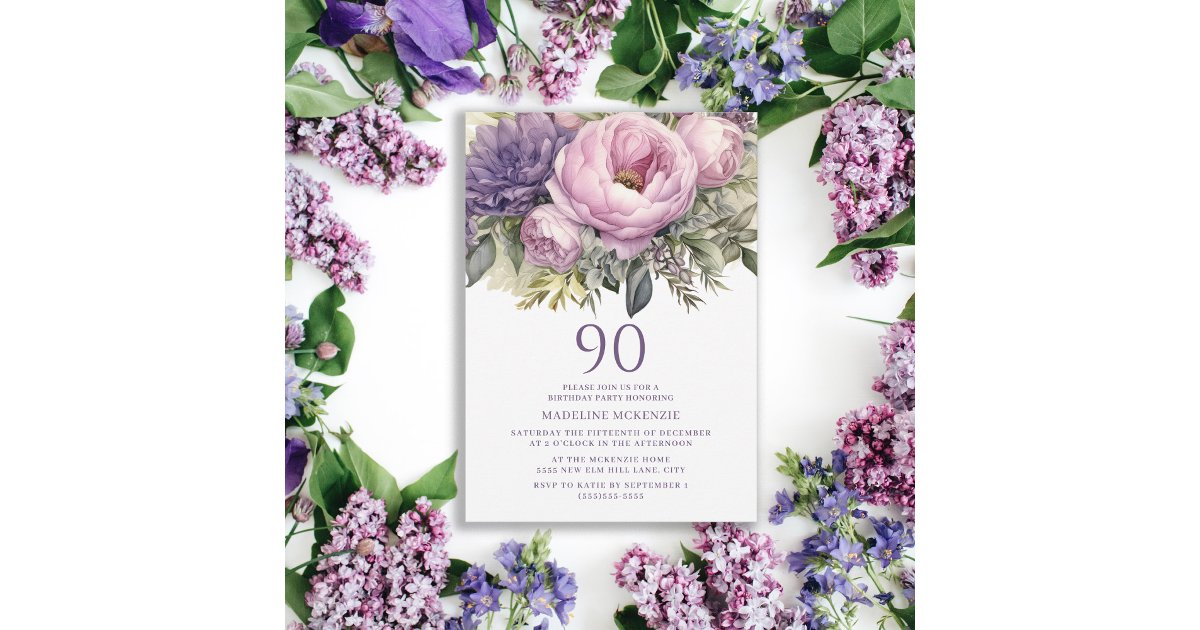 Elegant Purple Pink Floral 90th Birthday Invitation | Zazzle