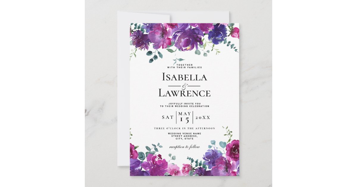 Elegant Purple Pink Floral Watercolor Wedding Invitation | Zazzle