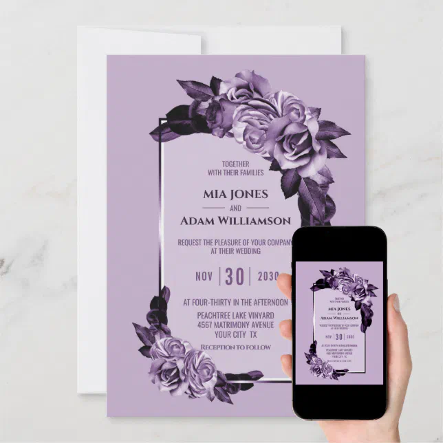 Elegant Purple Rose Floral Wedding Invitation | Zazzle
