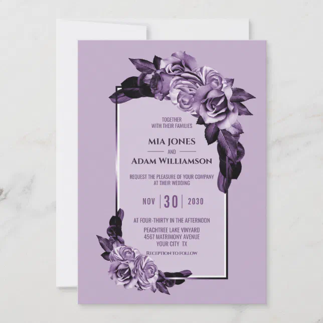 Elegant Purple Rose Floral Wedding Invitation | Zazzle
