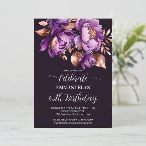 Elegant purple rose gold floral birthday template | Zazzle