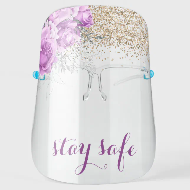 Elegant Purple Roses And Stay Safe Text Face Shield | Zazzle