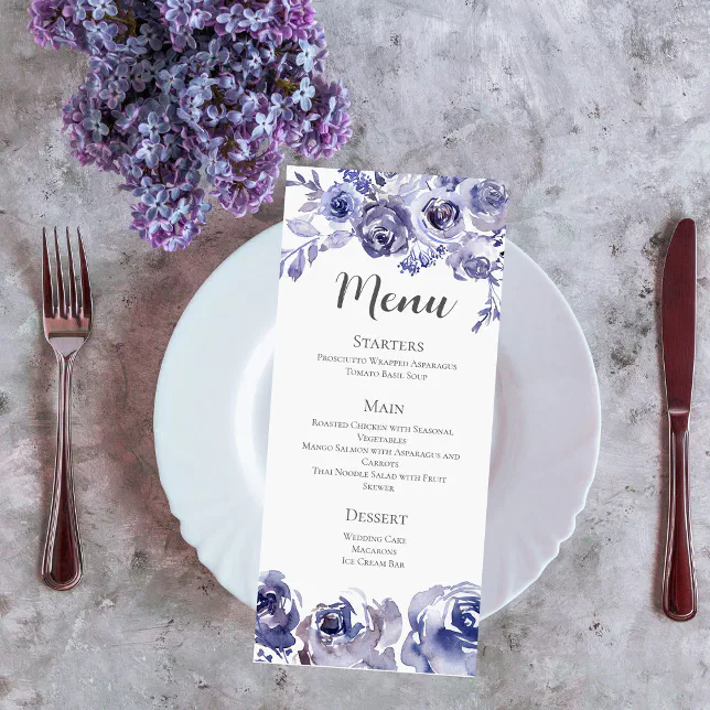 Elegant Purple Roses Floral Winter Wedding Dinner Menu | Zazzle