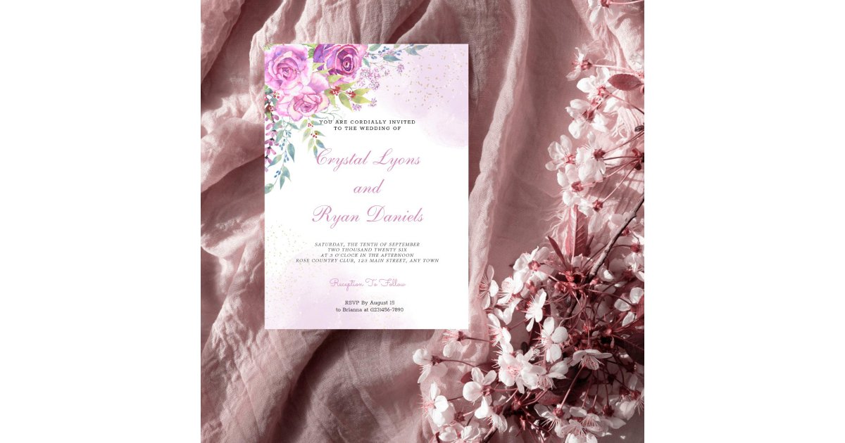 Elegant Purple Roses Wedding Invitation | Zazzle