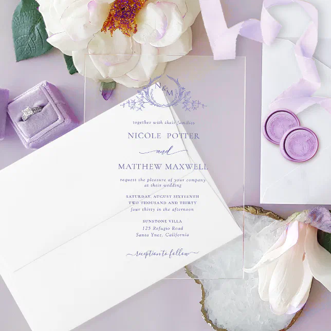 Elegant Purple Royal Crown Wreath Monogram Acrylic Invitations | Zazzle