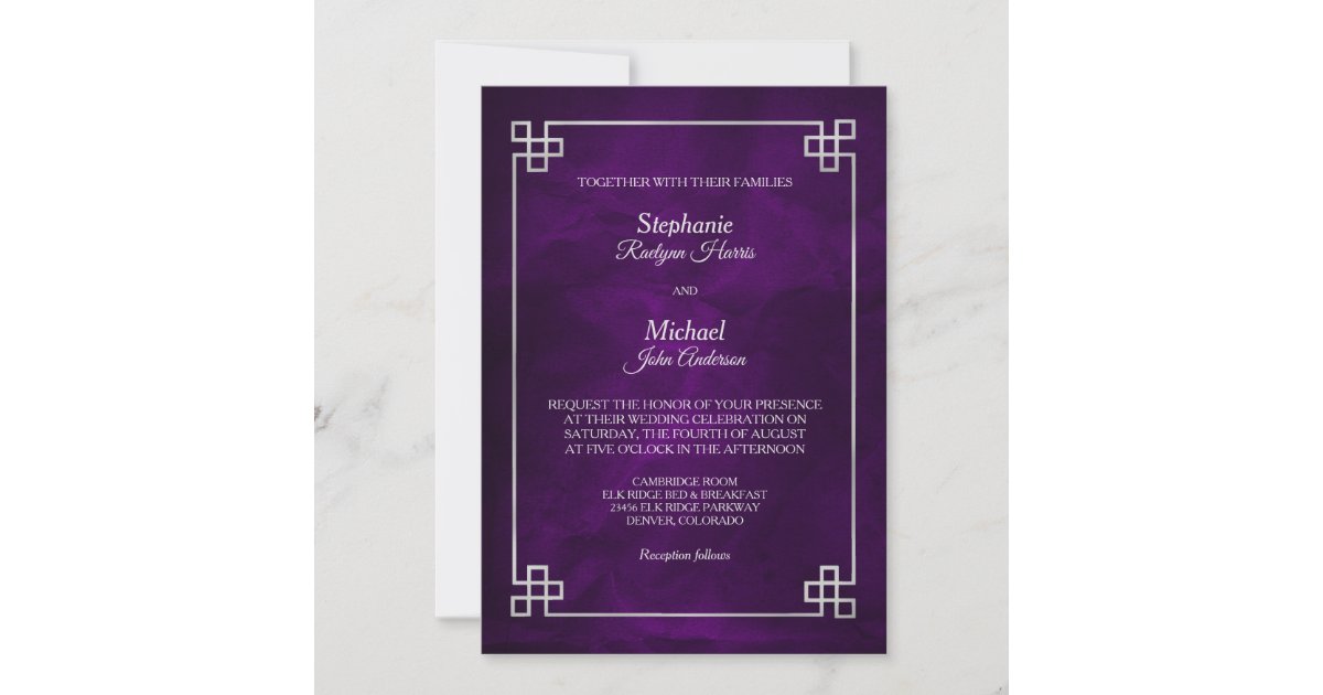 Elegant Purple Silver Frame Wedding Invitation | Zazzle