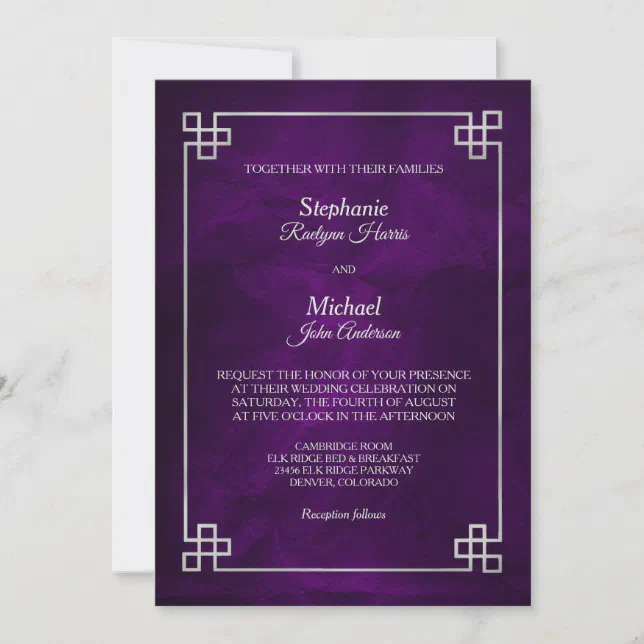 Elegant Purple Silver Frame Wedding Invitation | Zazzle