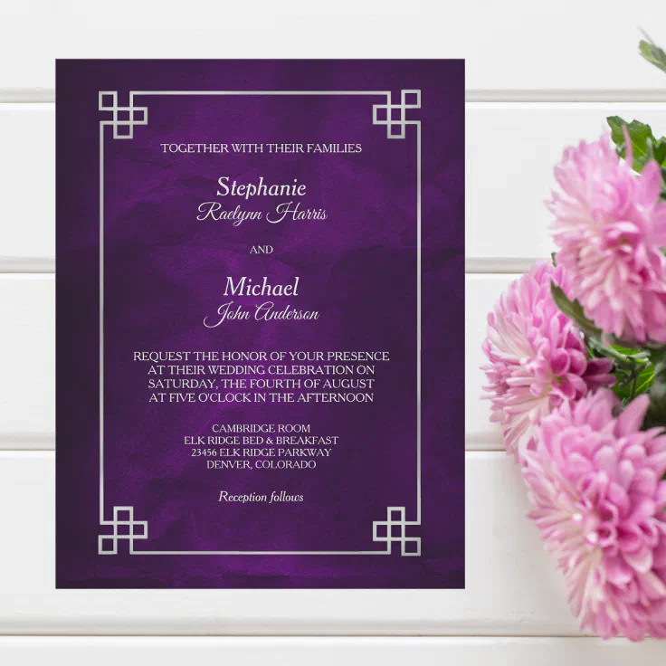 Elegant Purple Silver Frame Wedding Invitation | Zazzle