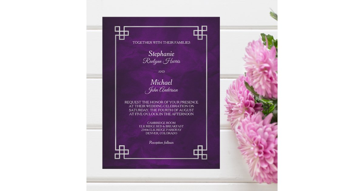 Elegant Purple Silver Frame Wedding Invitation | Zazzle