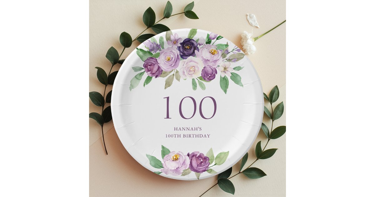 Elegant Purple | Violet Floral 100th Birthday Paper Plates | Zazzle