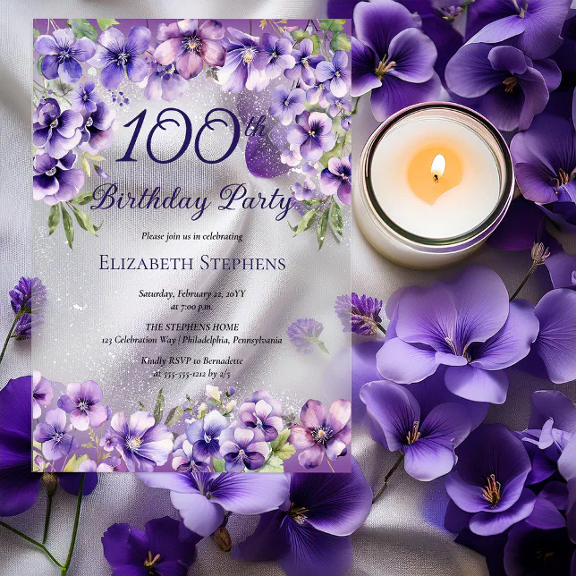 Elegant Purple Violet Floral 100th Birthday Party Acrylic Invitations ...
