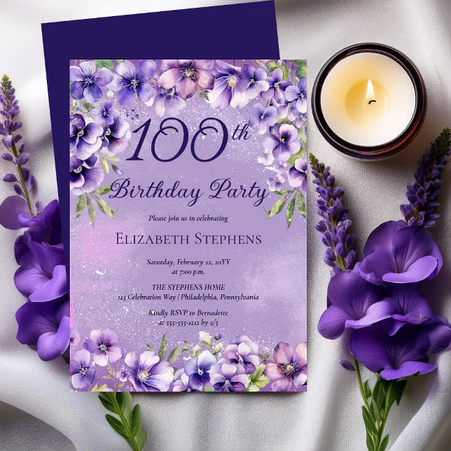 Elegant Purple Violet Floral 100th Birthday Party Invitation | Zazzle