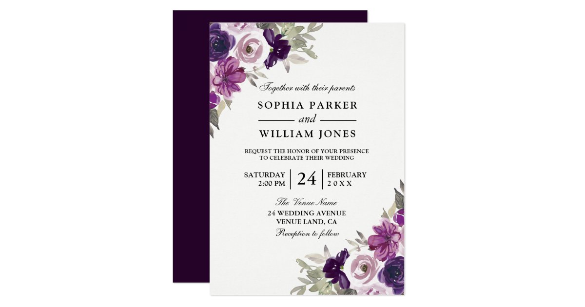 Elegant Purple Violet Floral Winter Wedding Invitation | Zazzle.com