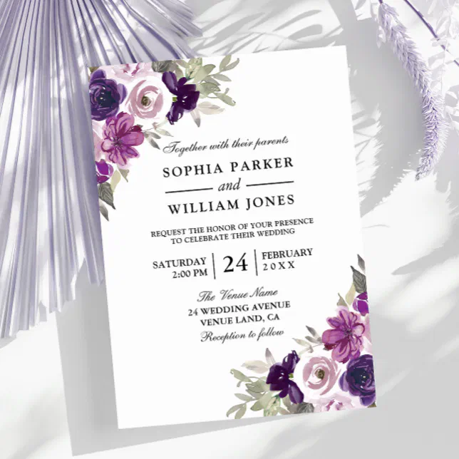 Elegant Purple Violet Floral Winter Wedding Invitation | Zazzle