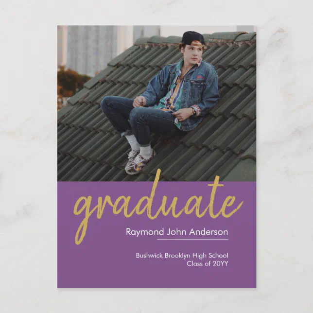 Elegant Purple Violet Gold Script Photo Graduation Announcement ...