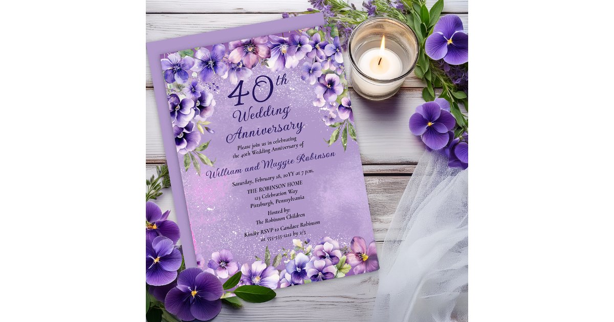 Elegant Purple Violets 40th Wedding Anniversary Invitation | Zazzle