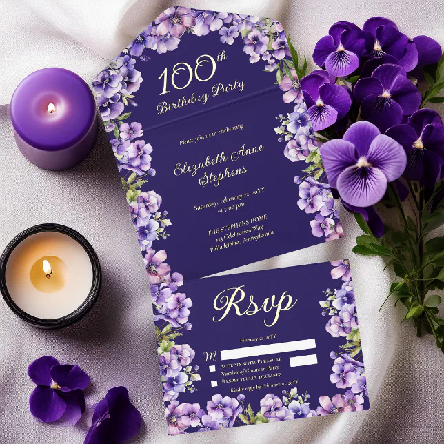 Elegant Purple Violets Floral 100th Birthday Party All In One ...