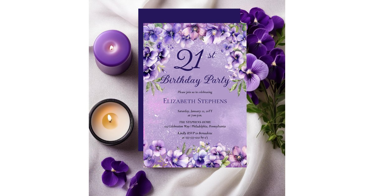 Elegant Purple Violets Floral 21st Birthday Party Invitation | Zazzle