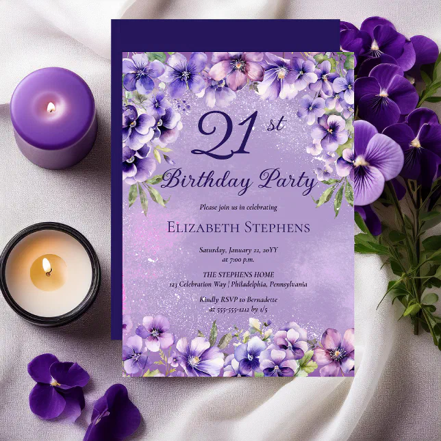 Elegant Purple Violets Floral 21st Birthday Party Invitation | Zazzle