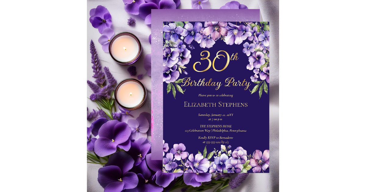 Elegant Purple Violets Floral 30th Birthday Party Foil Invitation | Zazzle