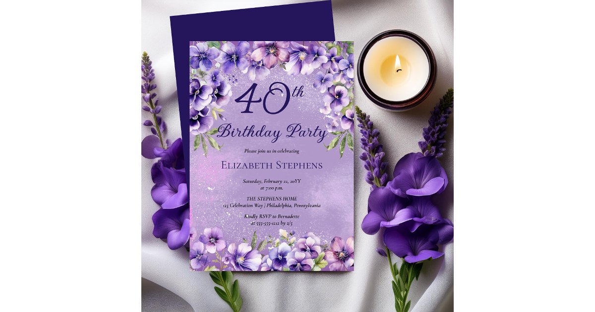 Elegant Purple Violets Floral 40th Birthday Party Invitation | Zazzle