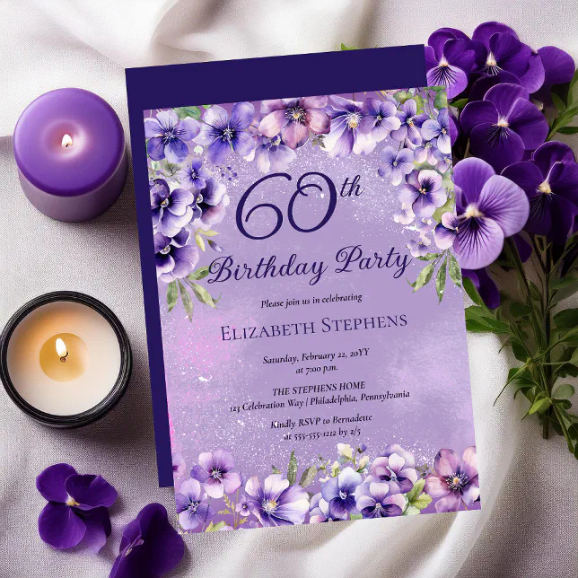 Elegant Purple Violets Floral 60th Birthday Party Invitation | Zazzle