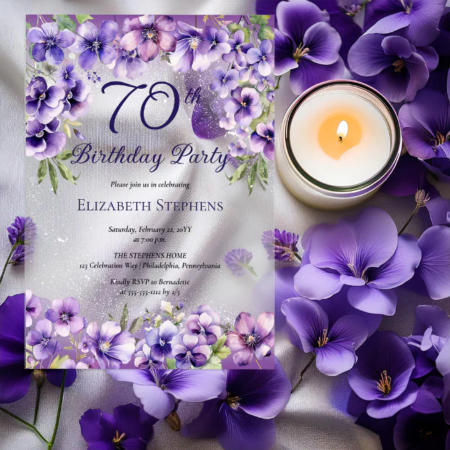 Elegant Purple Violets Floral 70th Birthday Party Acrylic Invitations ...