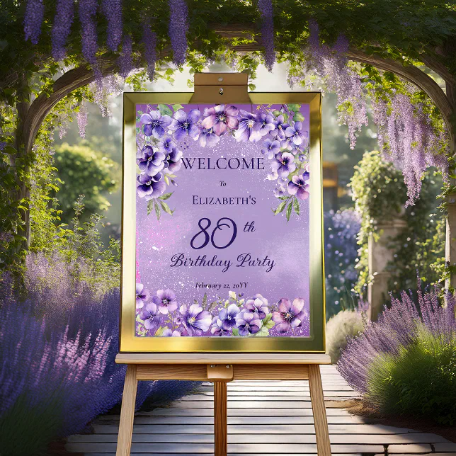 Elegant Purple Violets Floral 80th Birthday Party Foam Board | Zazzle
