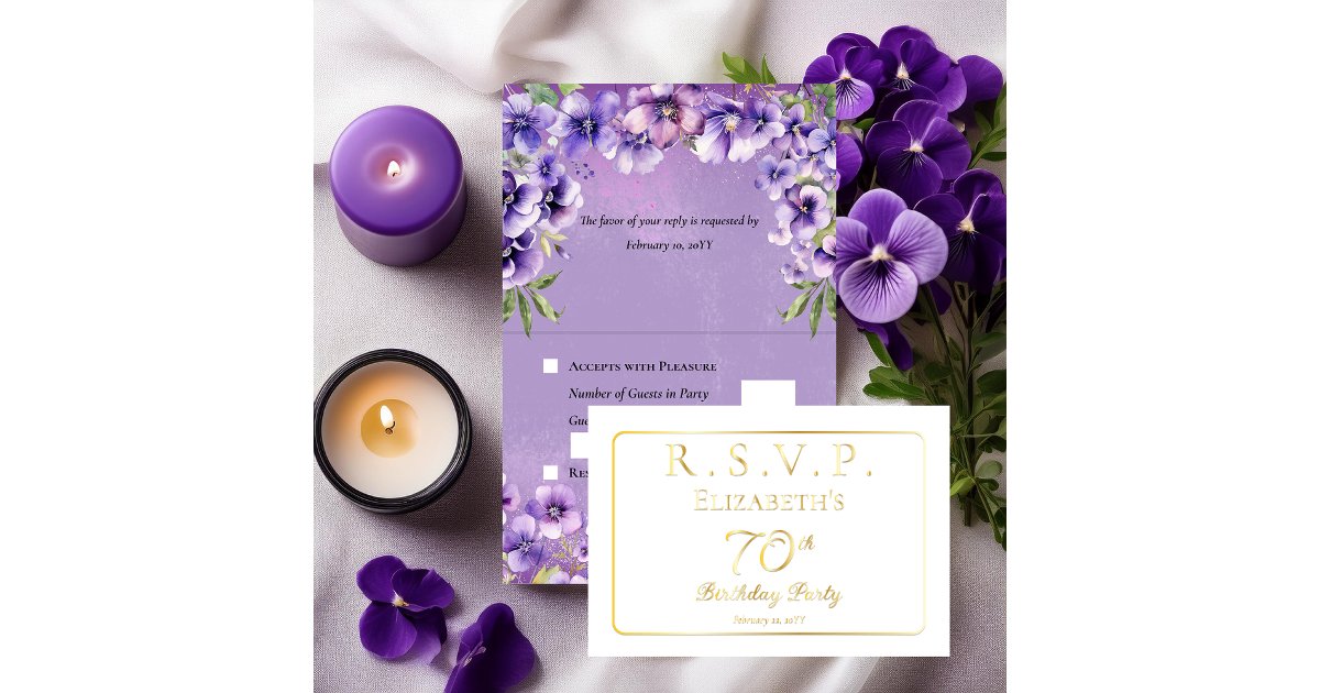 Elegant Purple Violets Floral Birthday Party RSVP Foil Card | Zazzle