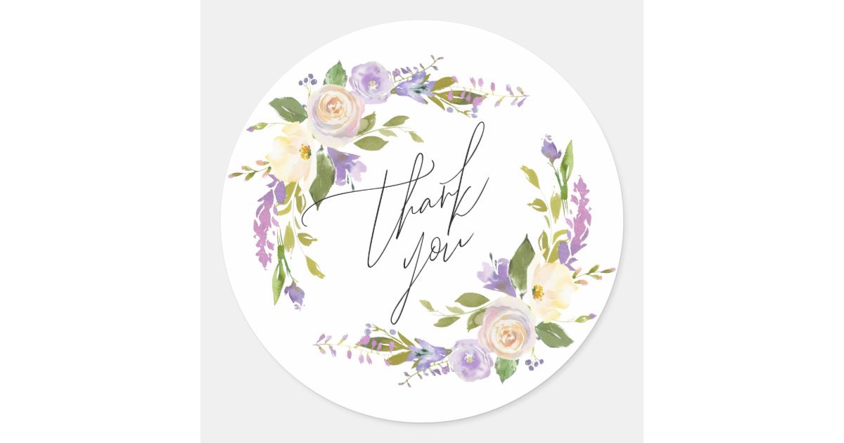 Elegant Purple Watercolor Floral Thank You Script Classic Round Sticker ...