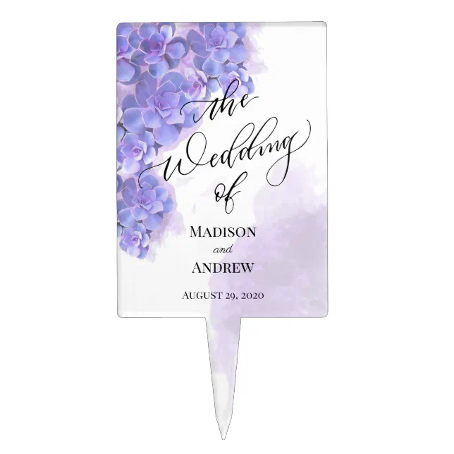 Elegant Purple Watercolor Succulents Wedding Cake Topper | Zazzle