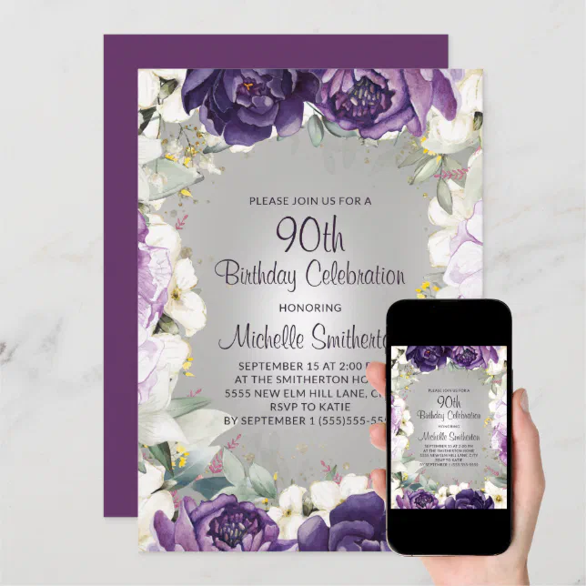 Elegant Purple White Floral Glitter 90th Birthday Invitation | Zazzle