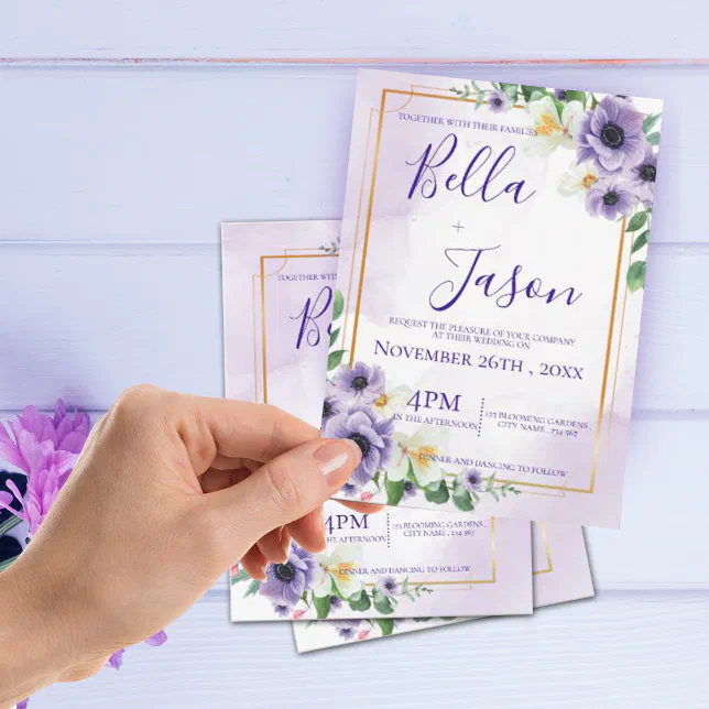 Elegant Purple White Floral Gold Frame Wedding Invitation | Zazzle