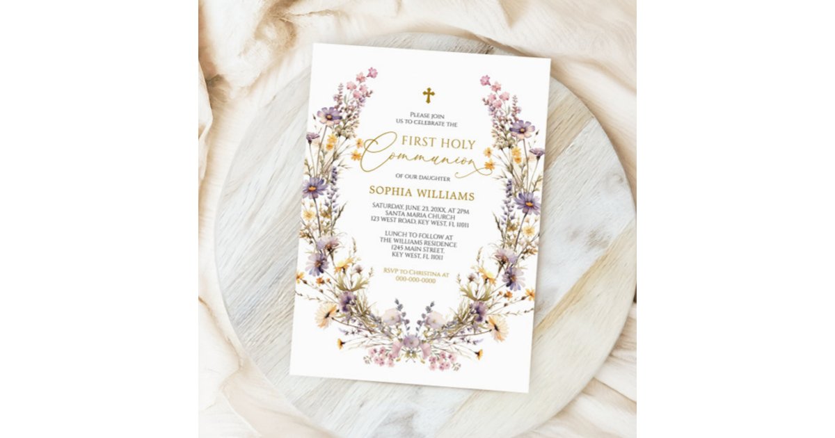 Elegant Purple Wildflower First Holy Communion Invitation | Zazzle