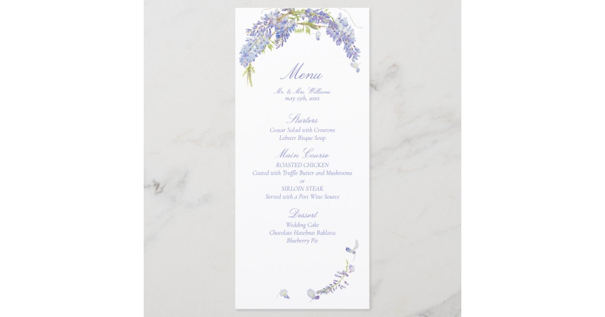 Elegant Purple Wisteria Botanical Script Wedding Menu | Zazzle