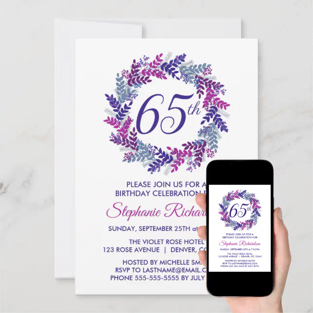 Elegant Purple Wreath 65th Birthday Party Invitation | Zazzle