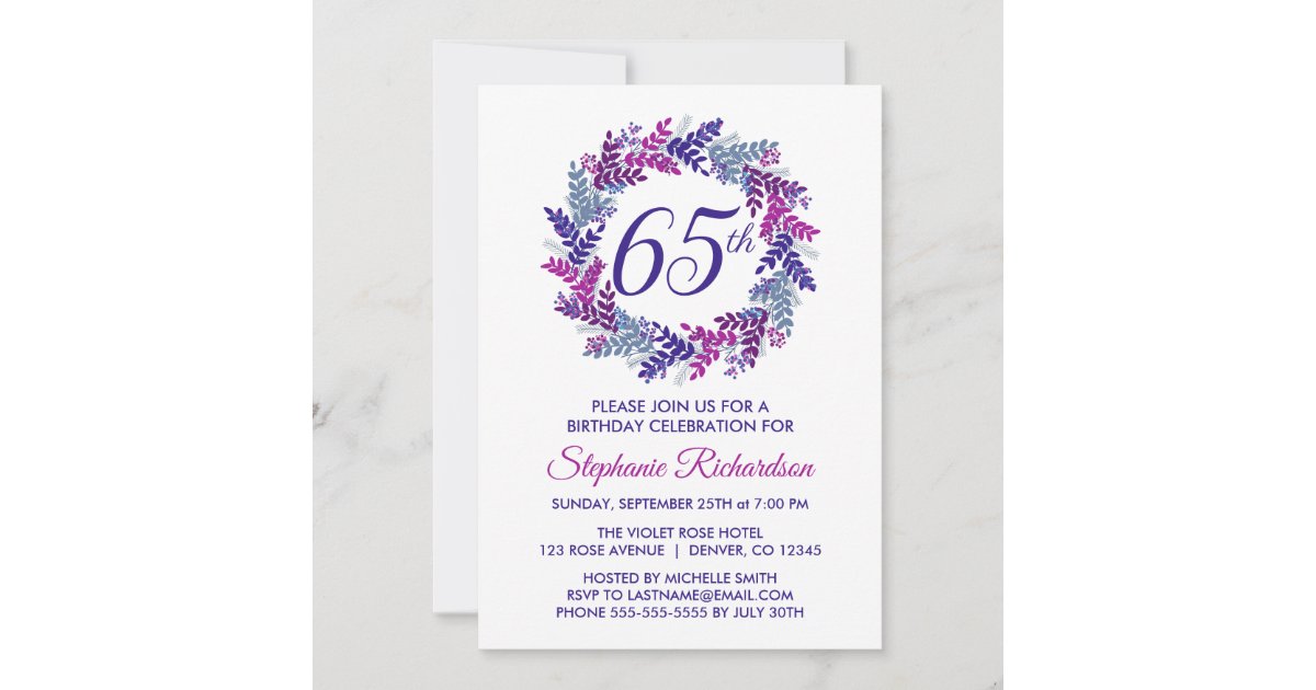 Elegant Purple Wreath 65th Birthday Party Invitation | Zazzle