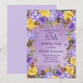 Elegant Purple Yellow Roses Peonies 50th Birthday Invitation | Zazzle