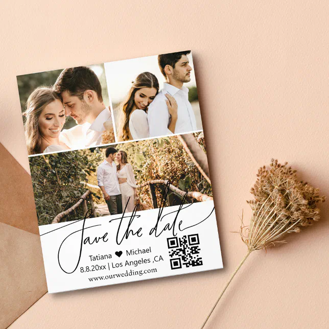 elegant qr code 3 photos collage save the date flyer | Zazzle
