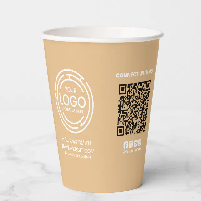 Elegant Qr Code Business Logo Social Rustic Paper Cups | Zazzle