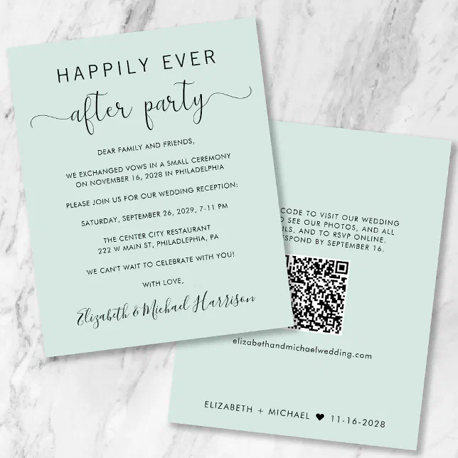 Elegant QR Code Mint Wedding Reception Invitation | Zazzle