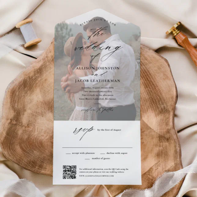 Elegant QR Code Photo Wedding All In One Invitation | Zazzle