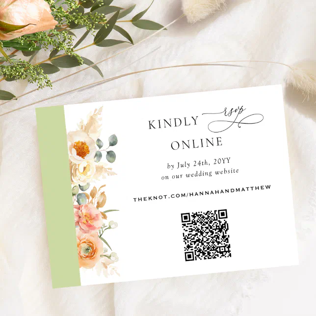 Elegant QR Code RSVP Peach and Green Wedding Enclosure Card | Zazzle