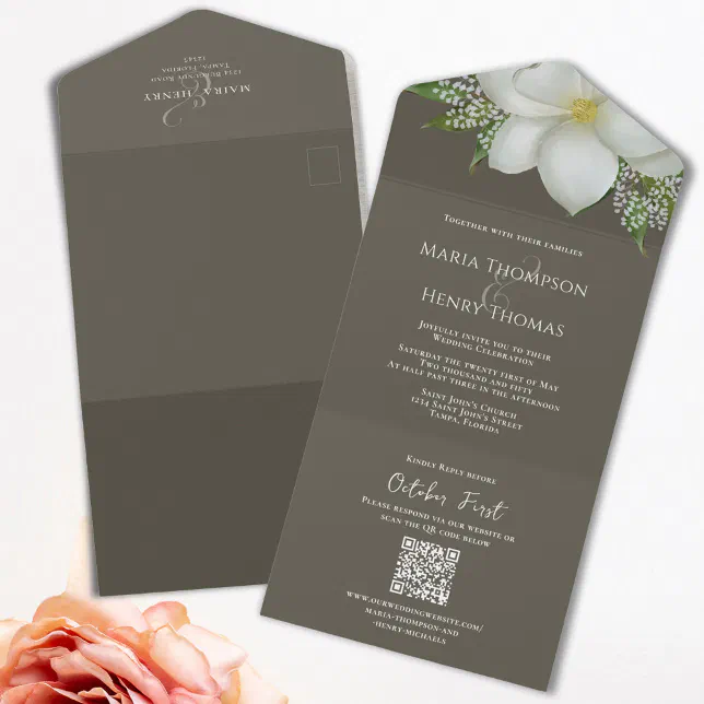 Elegant QR Code RSVP Simple Online White Magnolia All In One Invitation ...