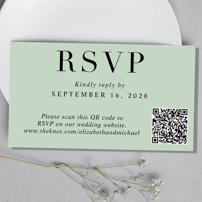 Elegant QR Code Sage Wedding RSVP Enclosure Card | Zazzle