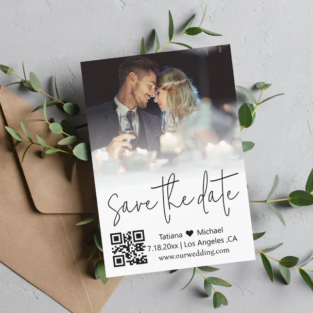elegant qr code trendy handwriting couple photo save the date | Zazzle