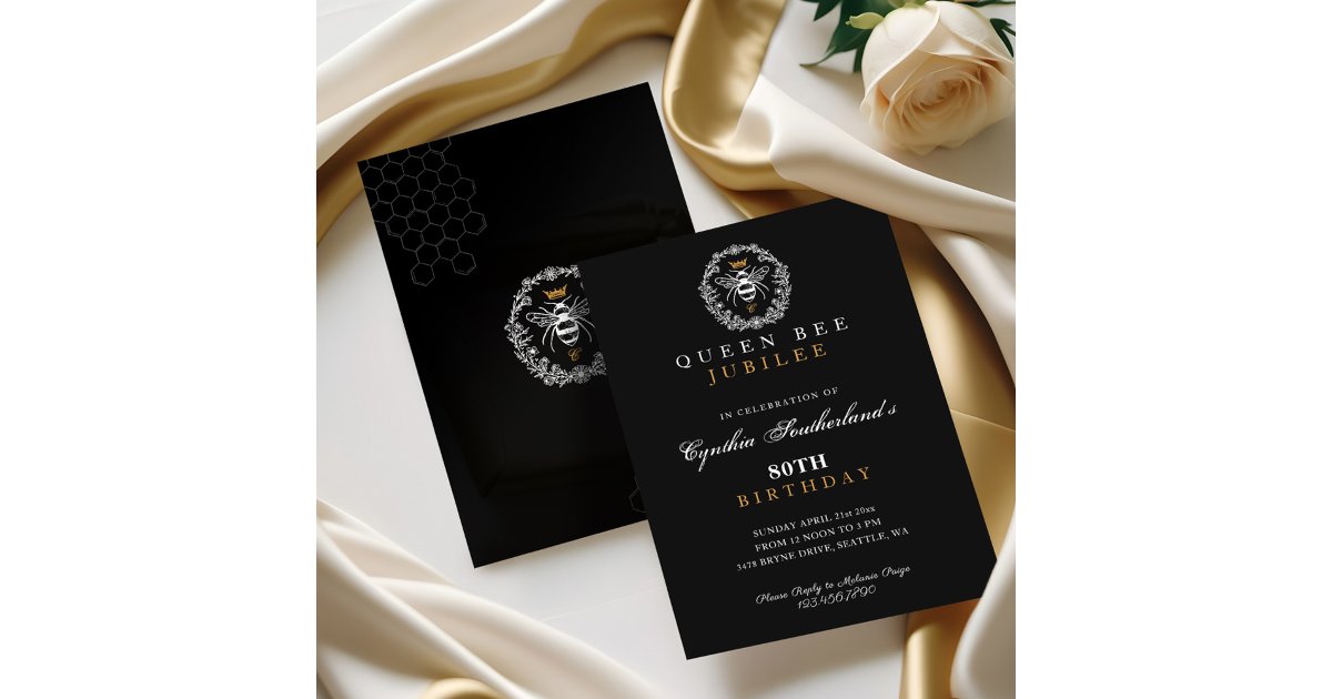 Elegant Queen Bee Jubilee Black & Gold Birthday Invitation | Zazzle